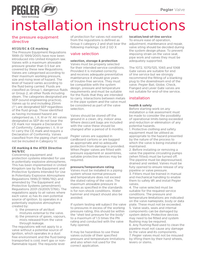 Pegler Valve Installation and Safety Guide | PDF | Valve | Pipe (Fluid Conveyance)