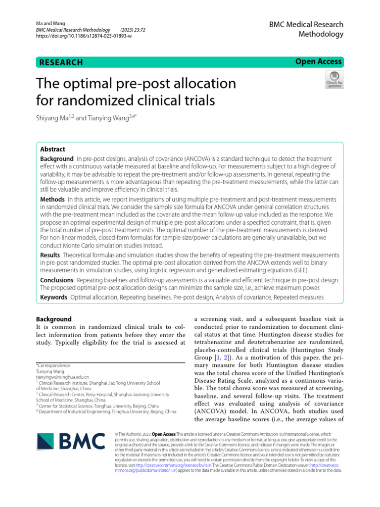 The Optimal Pre-Post Allocation For Randomized Clinical Trials | PDF | Regression Analysis ...