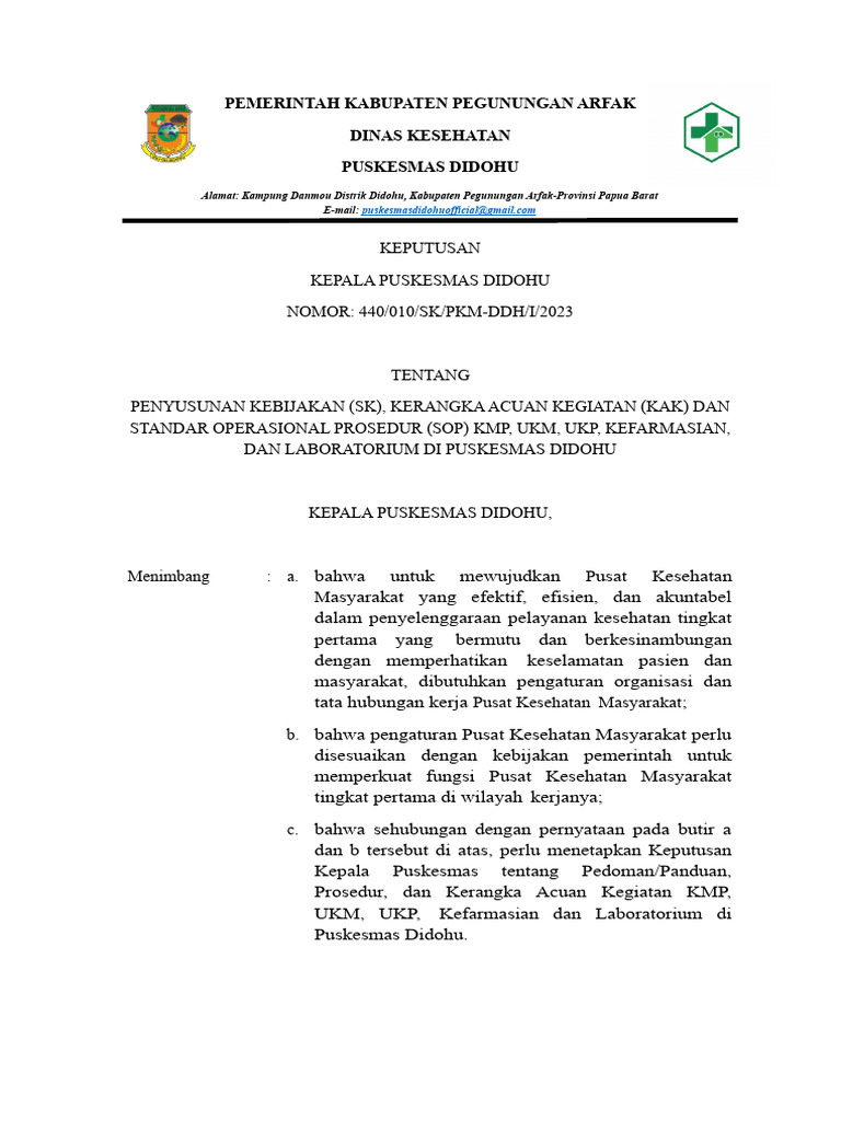 SK Pedoman Sop, Kak KMP, Ukm, Ukp, Kefarmasian, Dan Laboratorium | PDF
