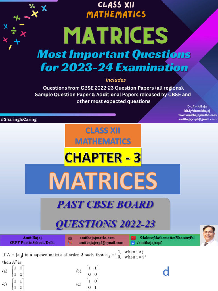 Class XII MATRICES Most Important Questions For 2023-24 Examination (Dr. Amit Bajaj) | Download ...