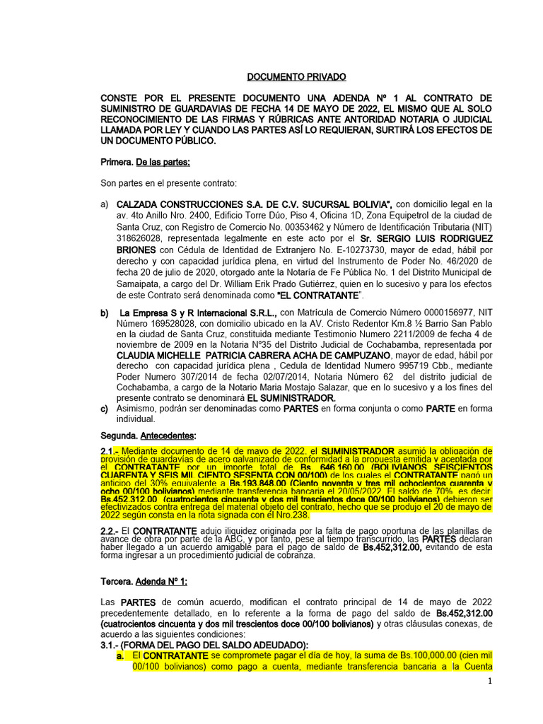 Adenda No. 1 Contrato de Suministro Calco SYR CALCO | PDF | Pagos | Ley común