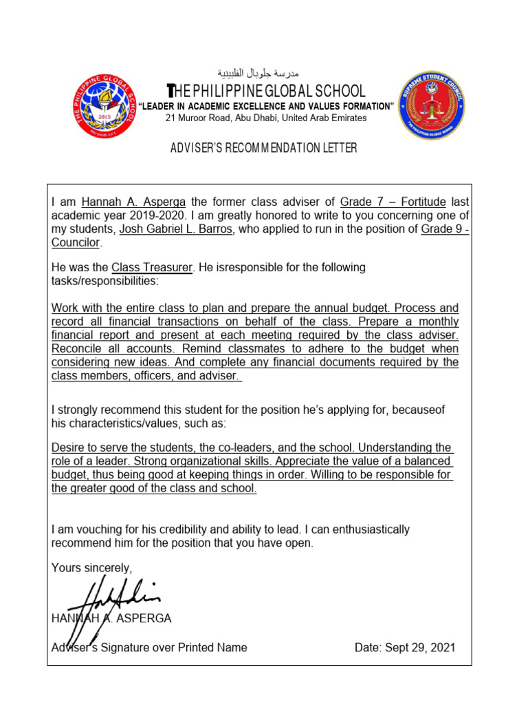 Advisers Recommendation Letter Josh | PDF