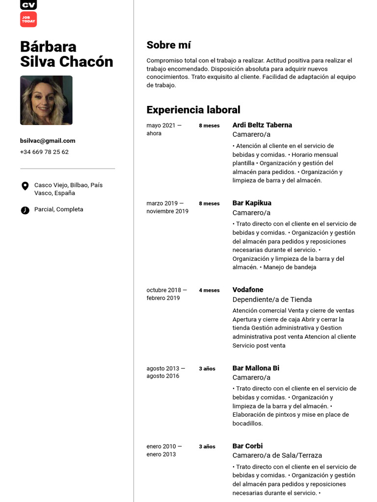 CV Job Today de Bárbara | PDF | Camareros | Business