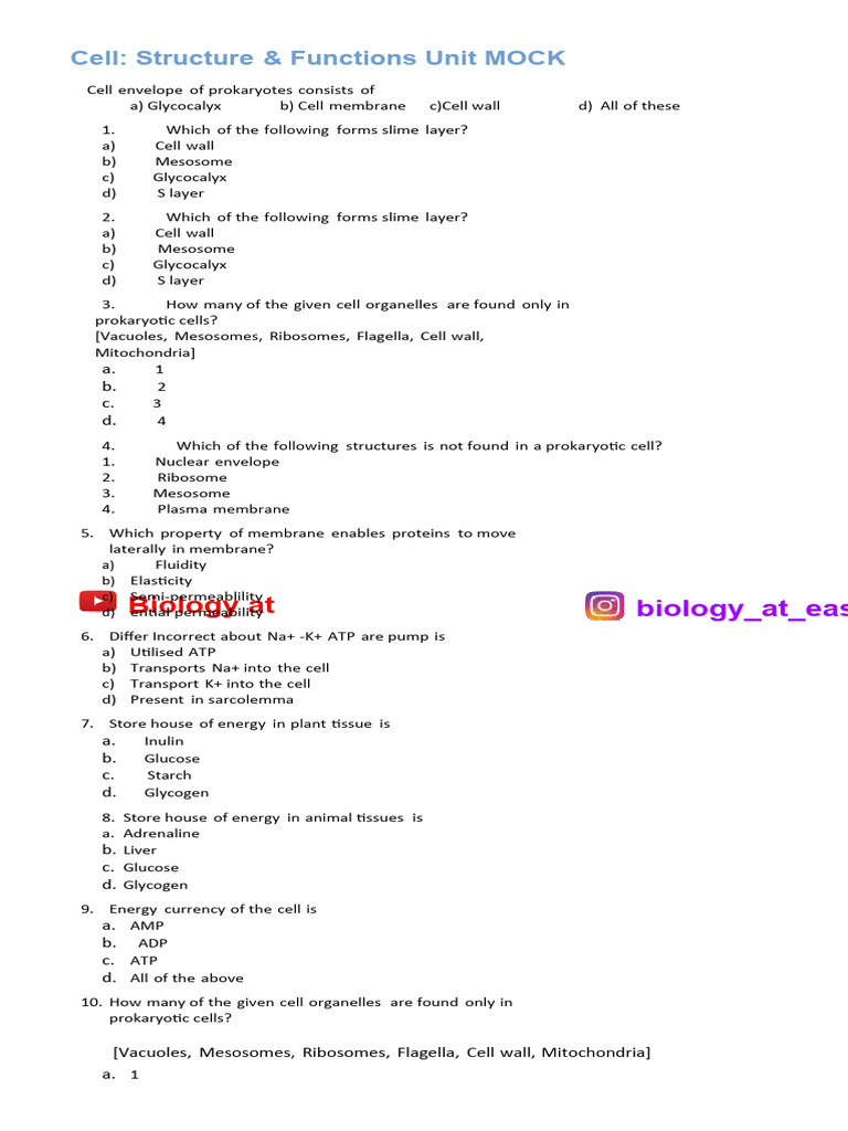 Cell Structure & Functions Unit MOCK | PDF | Meiosis | Cell (Biology)