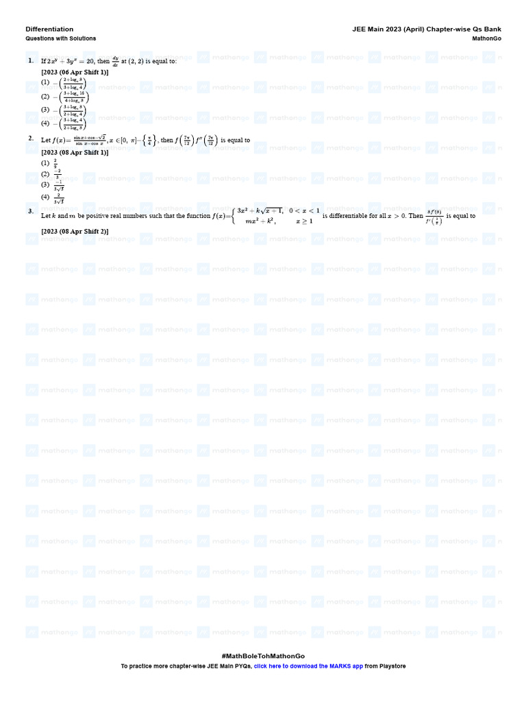 JEE Main 2023 Differentiation PYQs | PDF | Mathematics