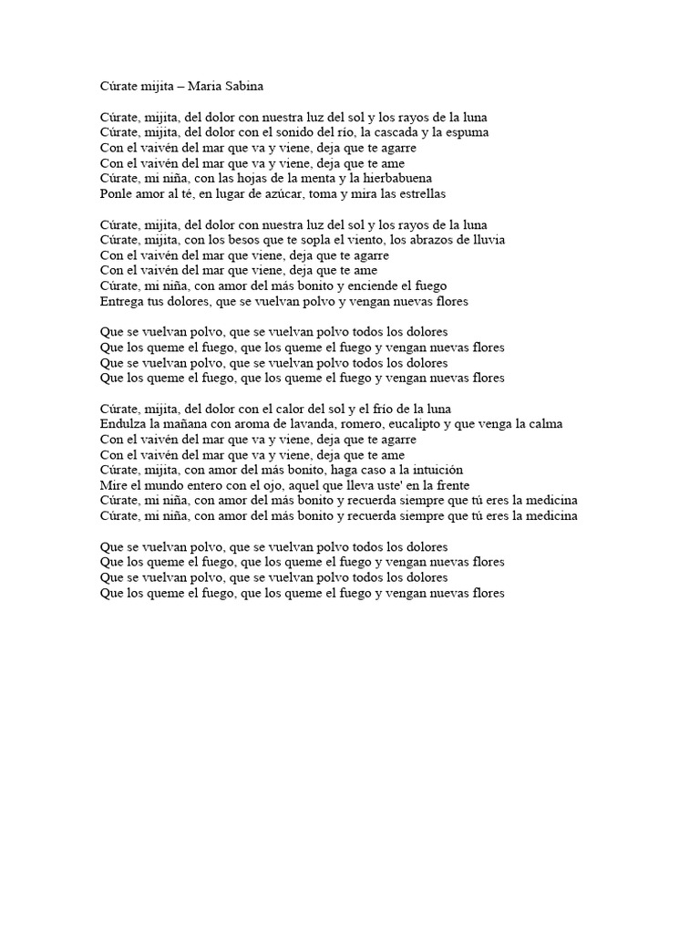 Cúrate Mijita Maria Sabina Letra Poema | PDF