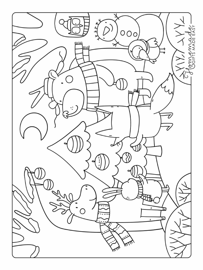 Christmas Coloring Pages Woodland Animals Decorating Christmas Tree | PDF