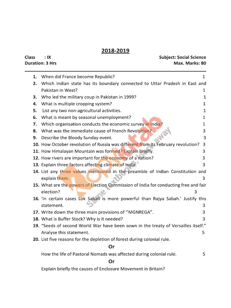 CBSE Class 9 Social Science Previous Year Papers 2018 19 | PDF