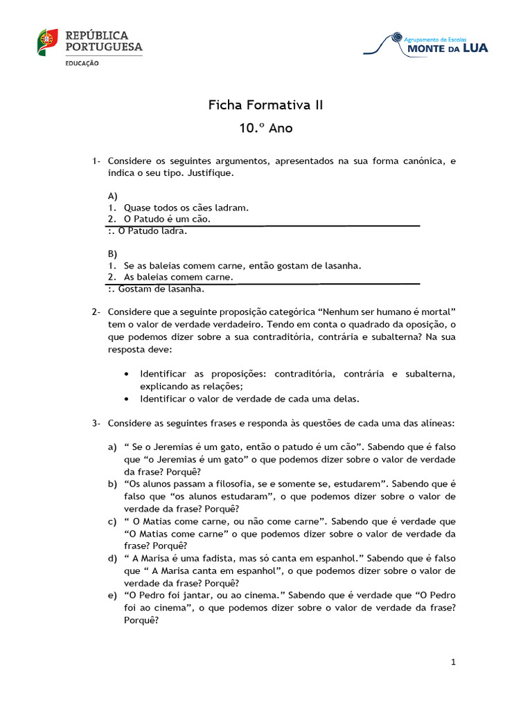 Ficha Formativa II | PDF | Argumento | Verdade