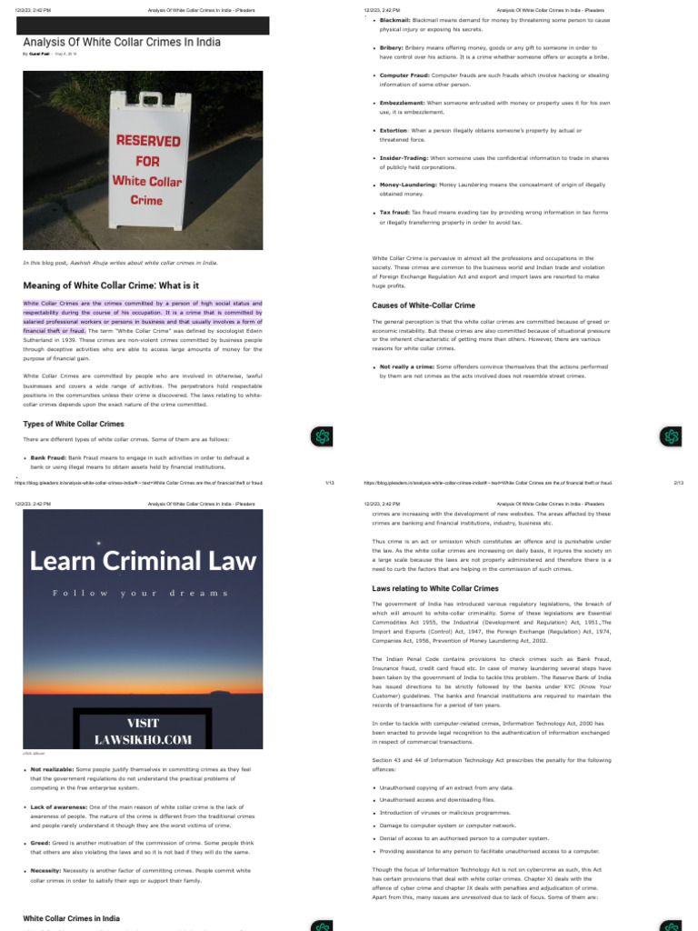 Analysis of White Collar Crimes in India - Ipleaders | PDF | Crimes ...