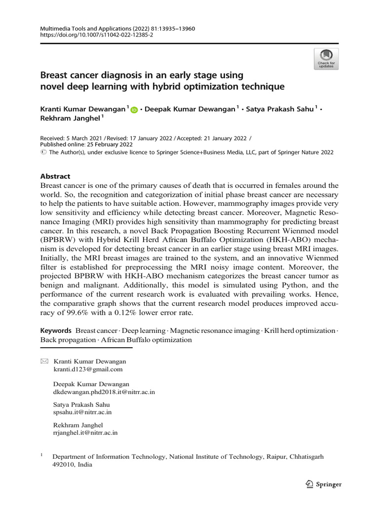 Breast Cancer Diagnosis in An Early Stage Using Novel Deep Learning With Hybrid Optimization ...