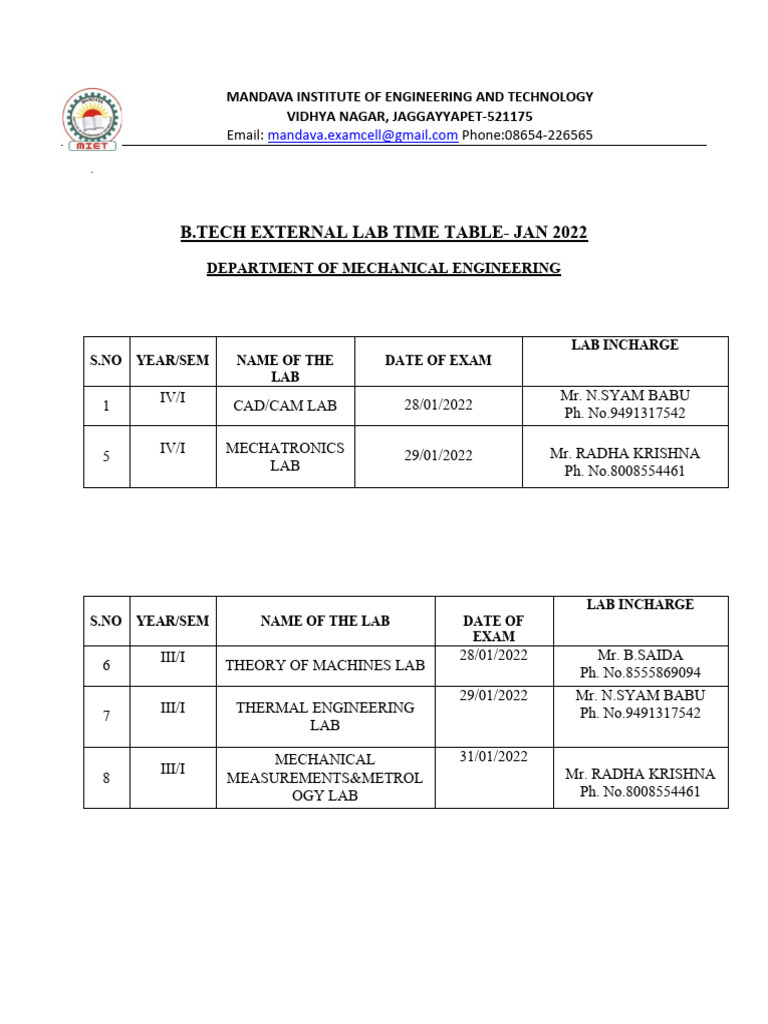 Mechanical Engg Lab Schedule | PDF