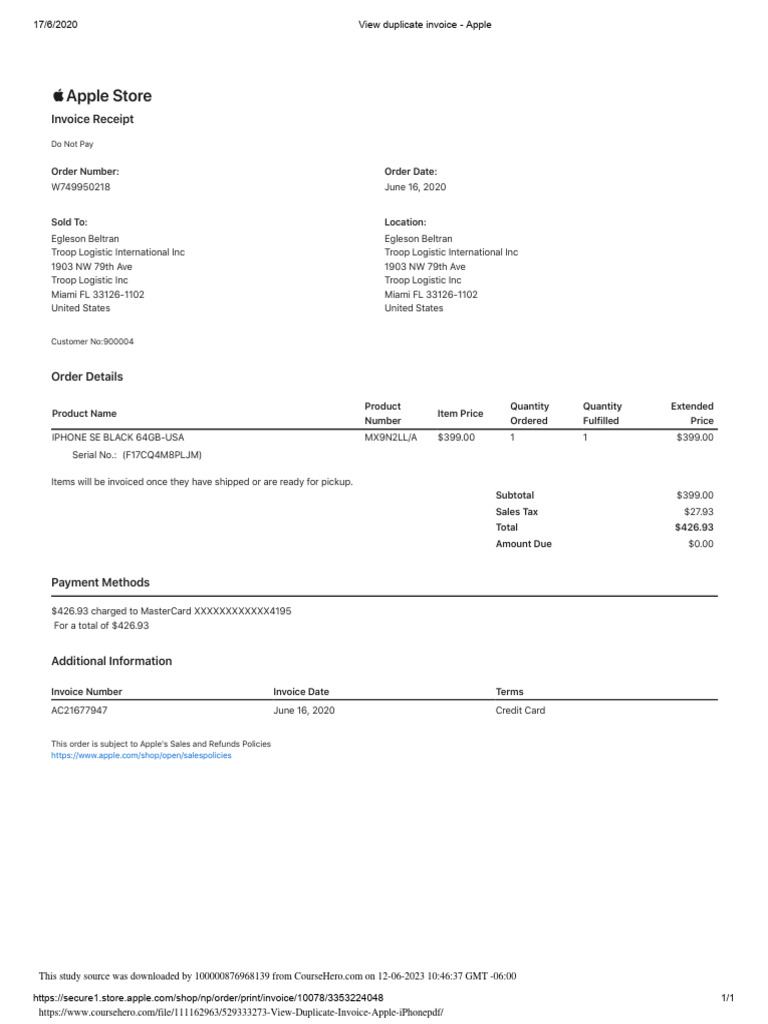 View Duplicate Invoice Apple Iphone PDF | PDF | Invoice | Receipt