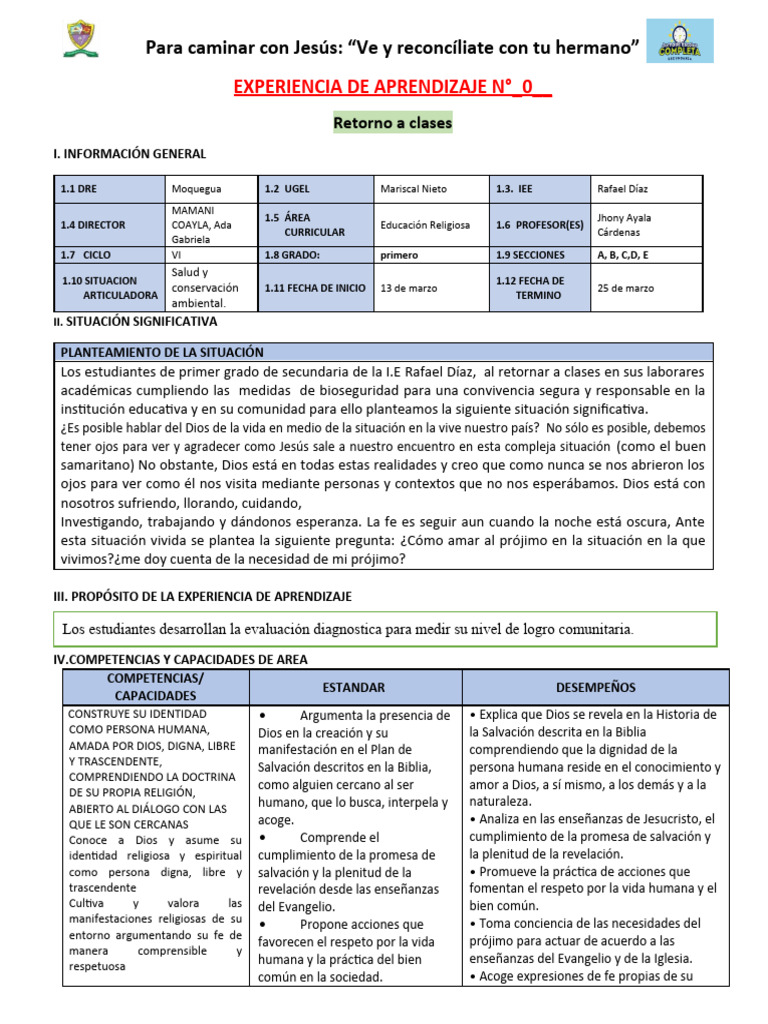 EXPERIENCIA Cero DE APRENDIZAJE 1º GRADO | PDF | Salvación | Fe