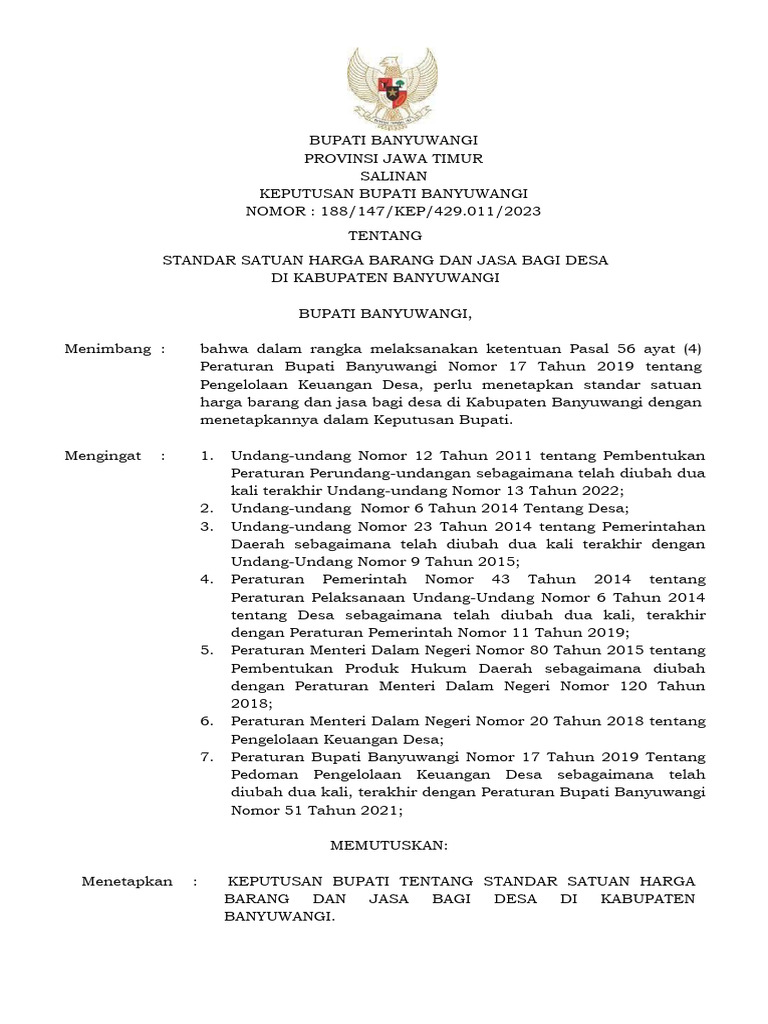 SK NO 147 TAHUN 2023 SK TTG Standar Harga Desa | PDF