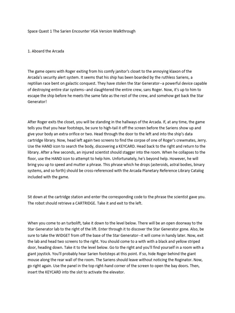 Space Quest 1 The Sarien Encounter VGA Version Walkthrough | PDF