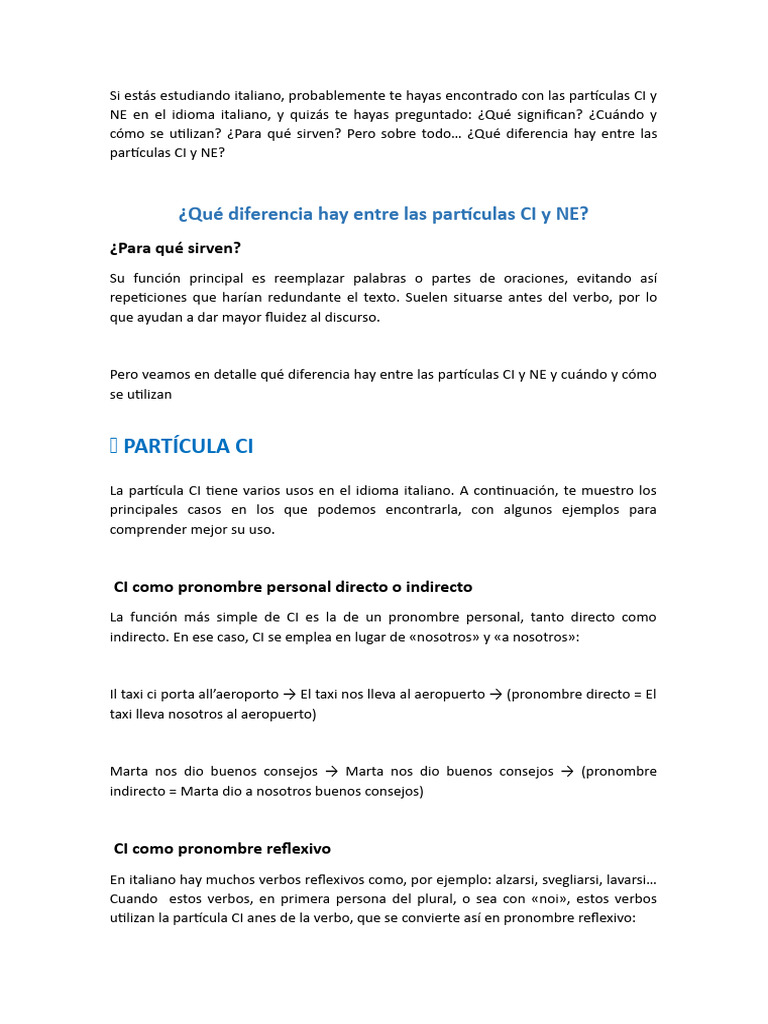 Italiano Particella CI - NE | PDF | Verbo | Idioma italiano
