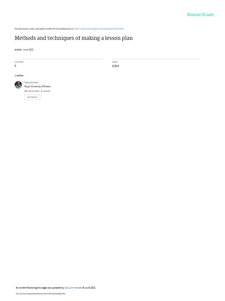 Methods and Techniques of Making A Lesson Plan: June 2022 | PDF ...