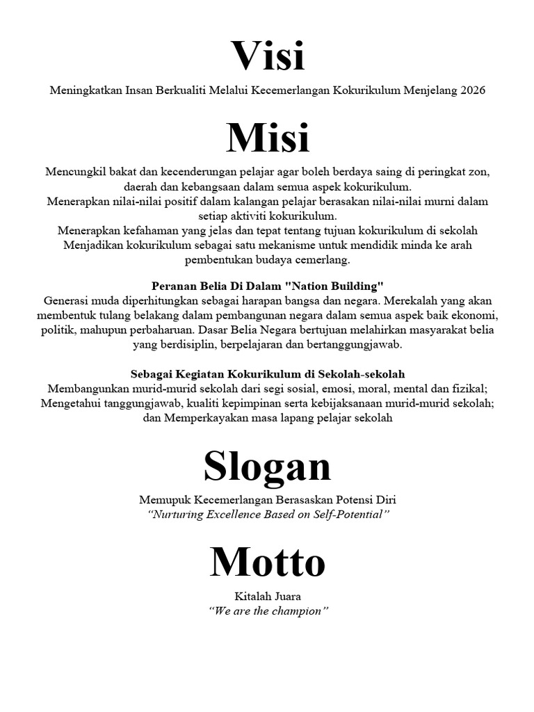 Visi Misi Motto Slogan Unit Kokurikulum | PDF