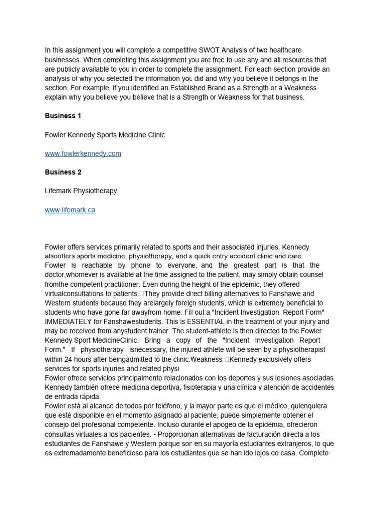 INFO 6119 SWOT Analysis Handout | PDF | Physical Therapy | Medicine