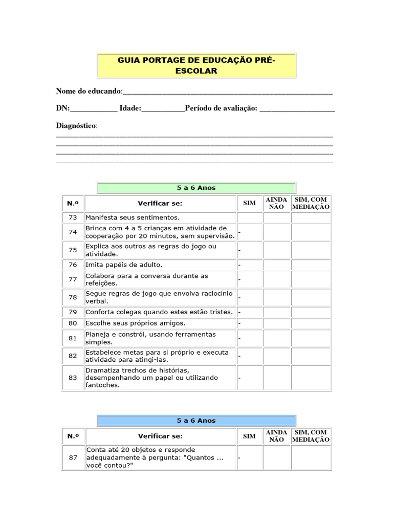 GUIA PORTAGE DE EDUCAÇÃO PRÉ - 5 A 6 Anos | PDF | Caixa alta e caixa ...