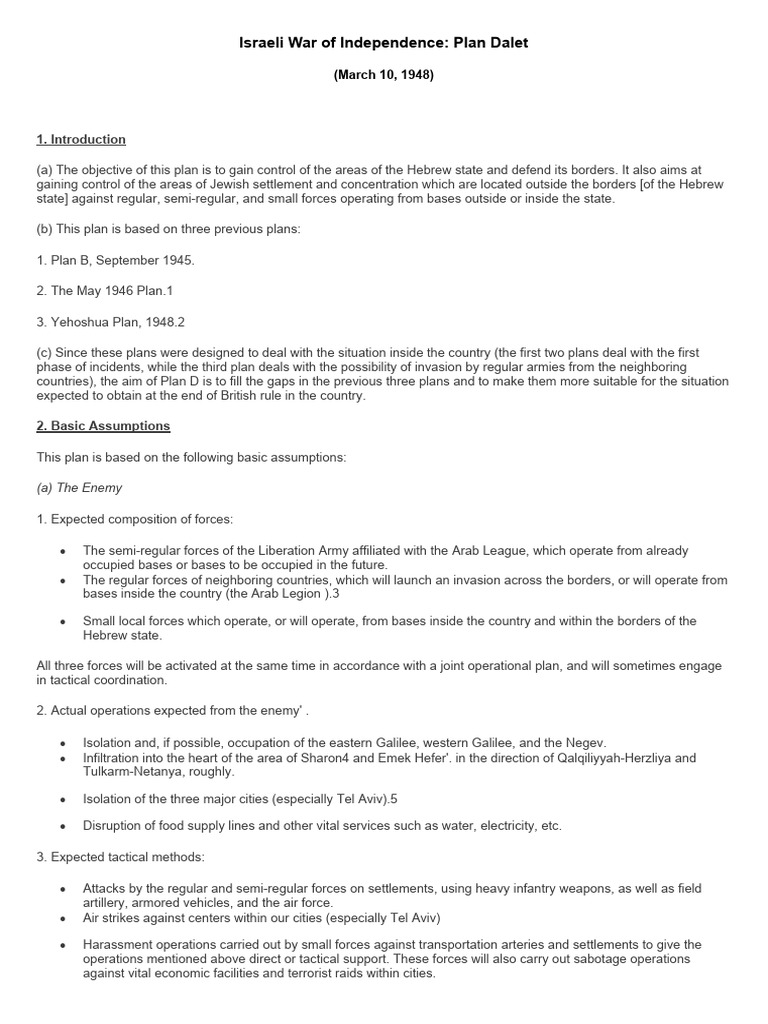 Israeli War of Independence - Plan Dalet 1948 | PDF | Mandatory ...