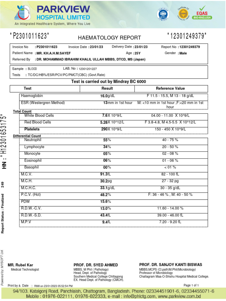 Haematology Report: Test Is Carried Out by Mindray BC 6000 | PDF ...