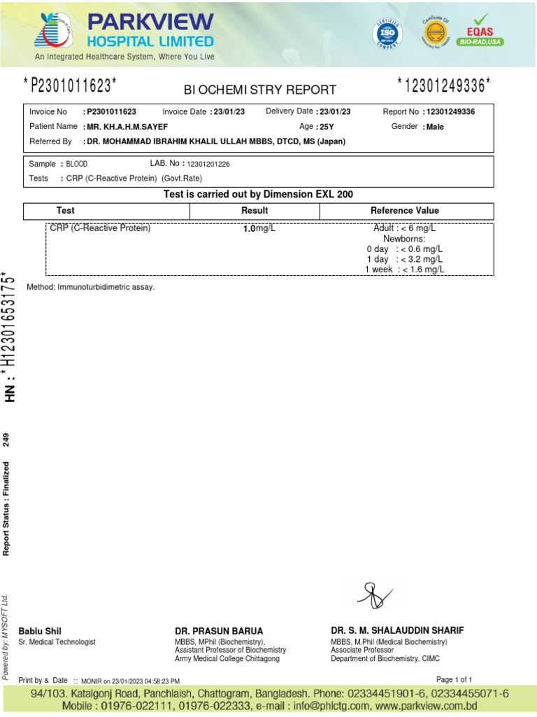 Biochemistry Report: Test Is Carried Out by Dimension EXL 200 | PDF | C ...