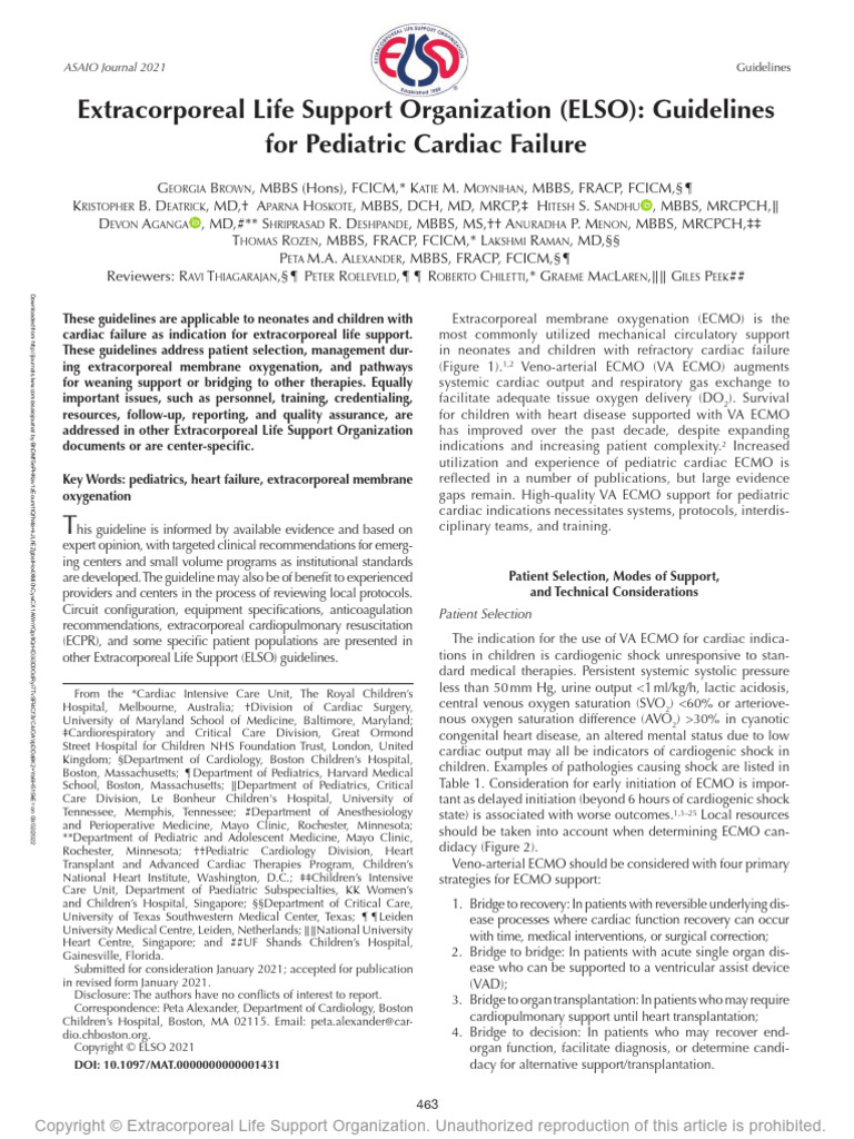 ELSO Guidelines for Pediatric Cardiac ECMO | PDF | Coronary Artery ...
