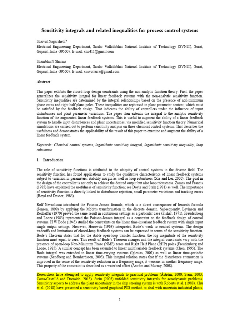 Sensitivity Integrals and Related Inequalities For Process Control Systems | PDF | Control ...