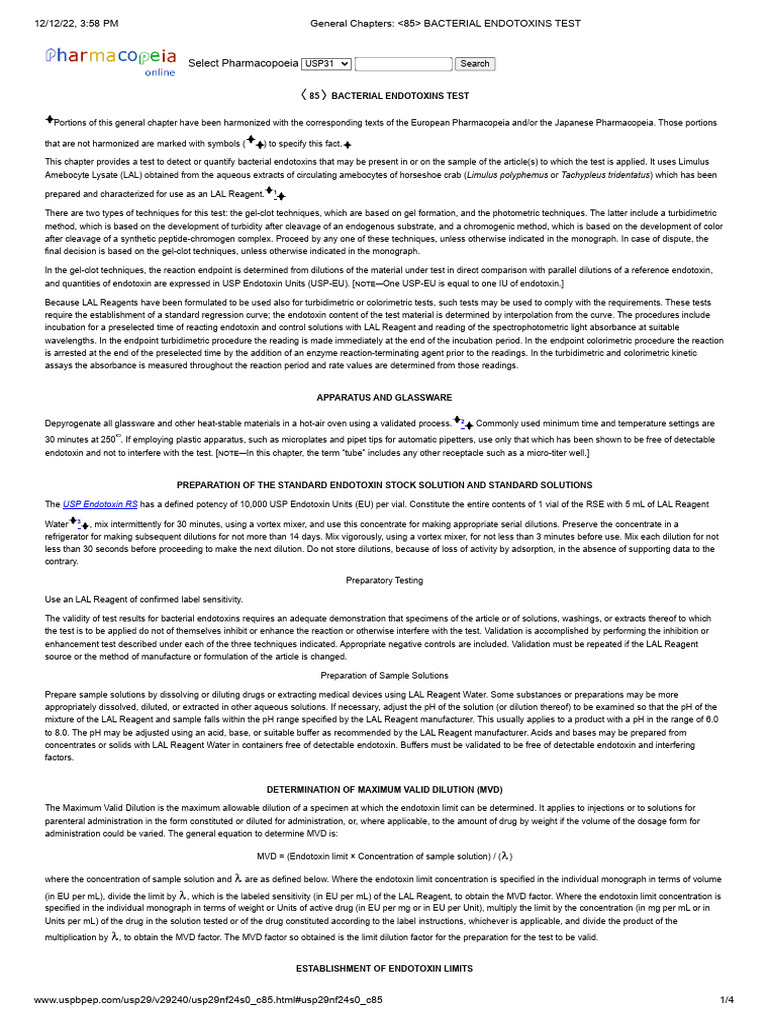 General Chapters - 85 - Bacterial Endotoxins Test | PDF | Ph | Buffer ...