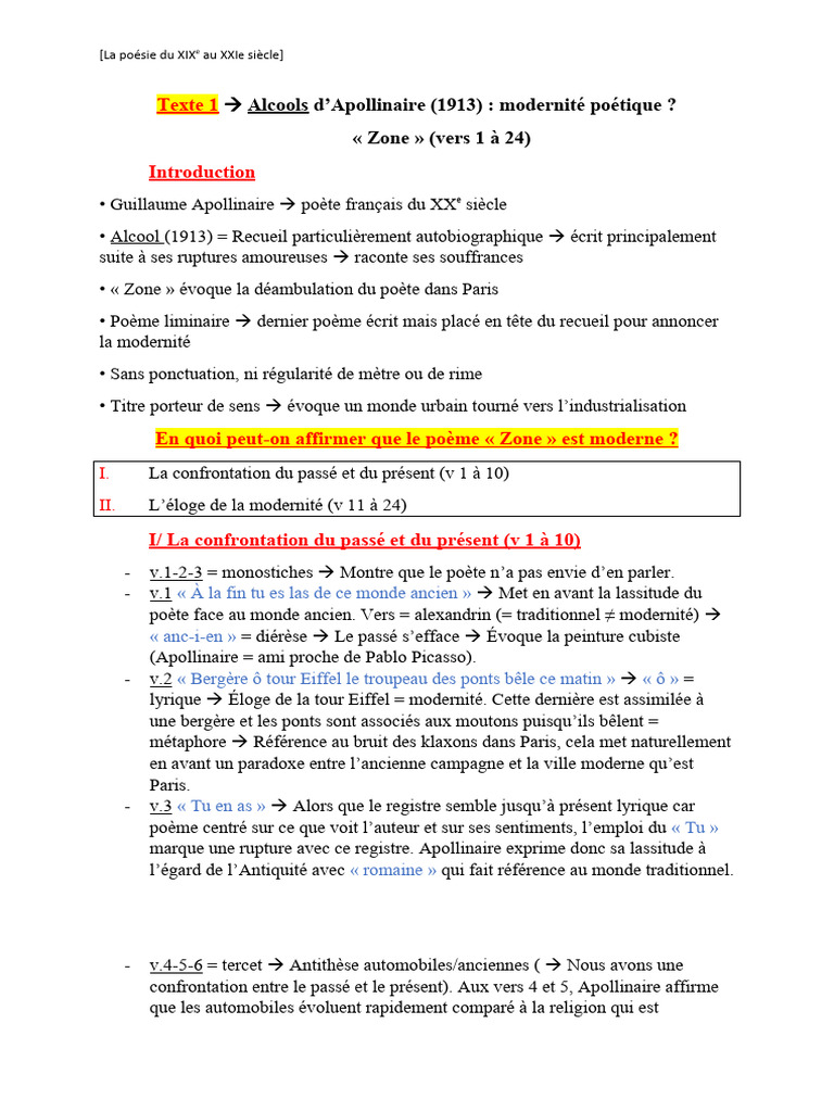 Analyse de "Zone" d'Apollinaire | PDF | Poésie
