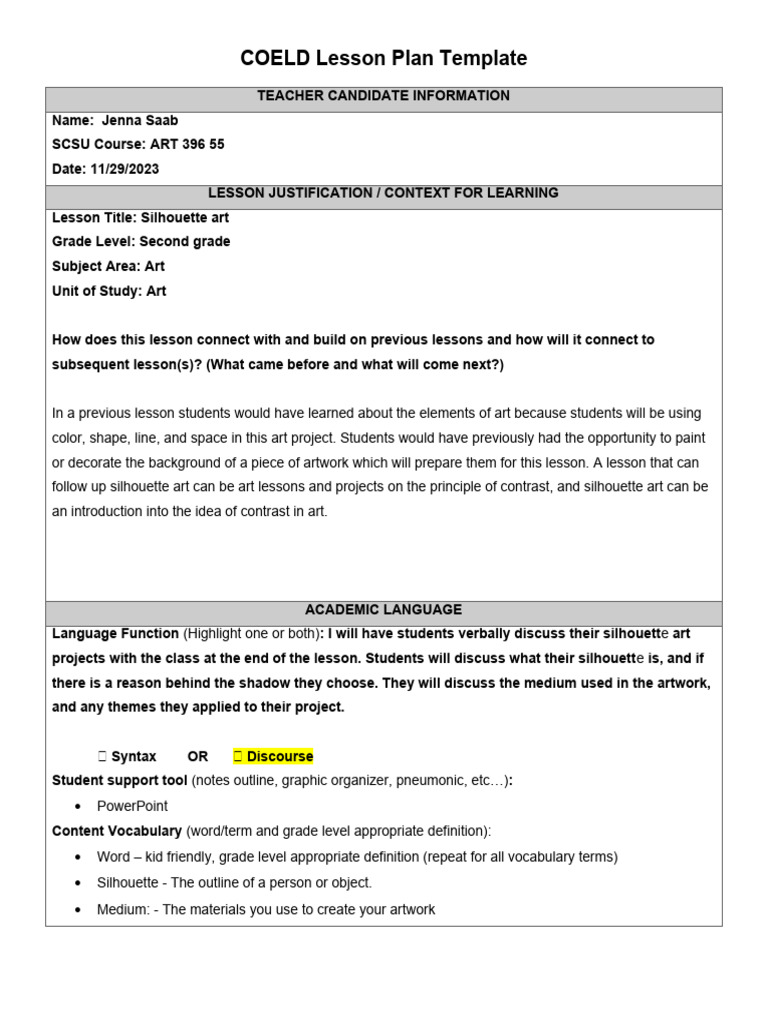 Art Edtpa Lesson Plan | PDF | Lesson Plan | Vocabulary