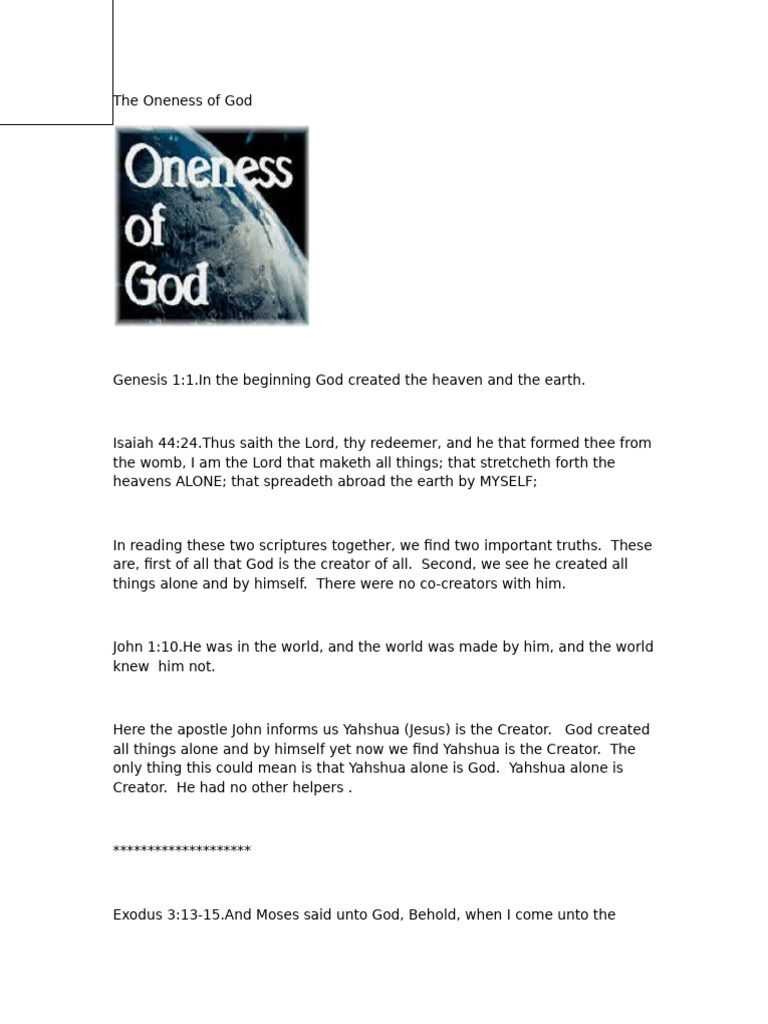 The Oneness of God: Yahshua as Creator and Savior | PDF | God The ...