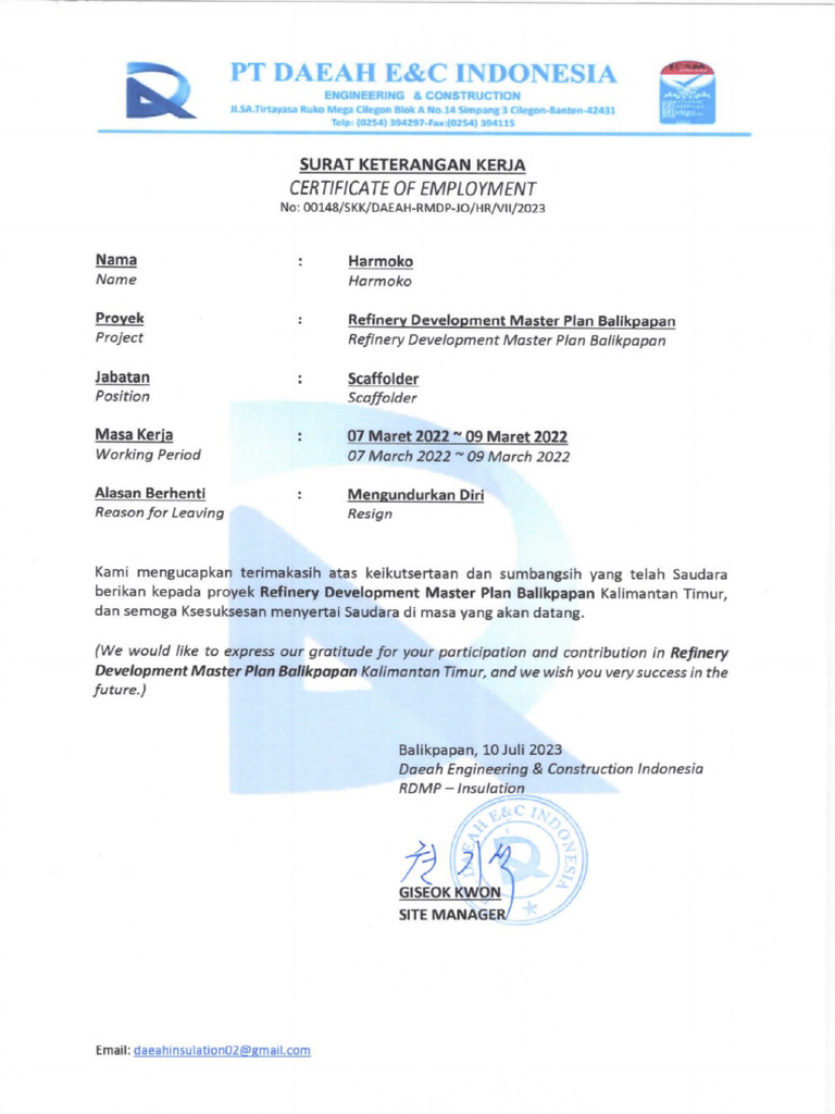 Paklaring & Noc - 3 SCF | PDF