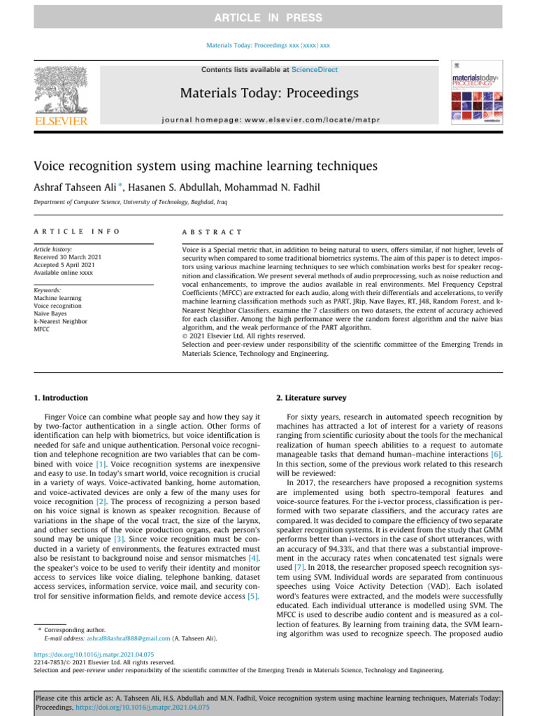 Voice Recognition System Using Machine L Pdf Speech Recognition