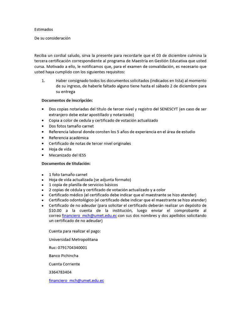 Informacion para Examen de Convalidacion | PDF