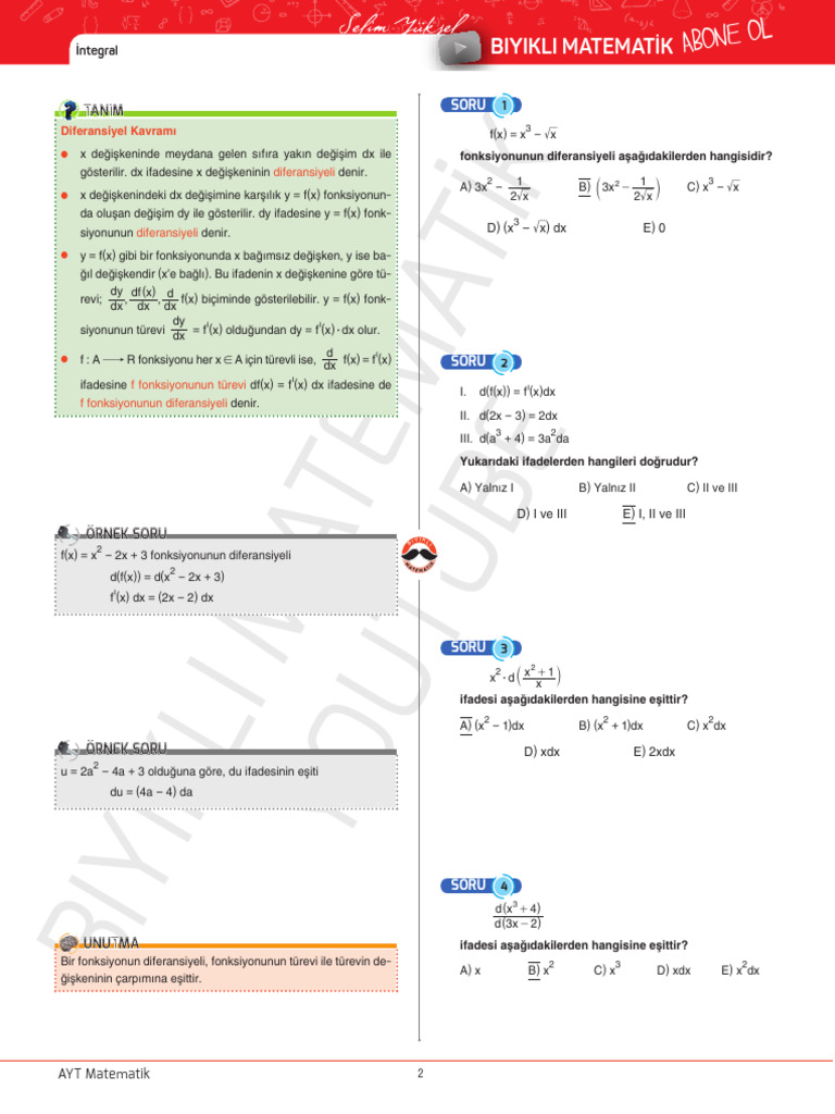 Yks Ayt Matematik Integral Ders Notlari Ve Calisma Sorulari | PDF