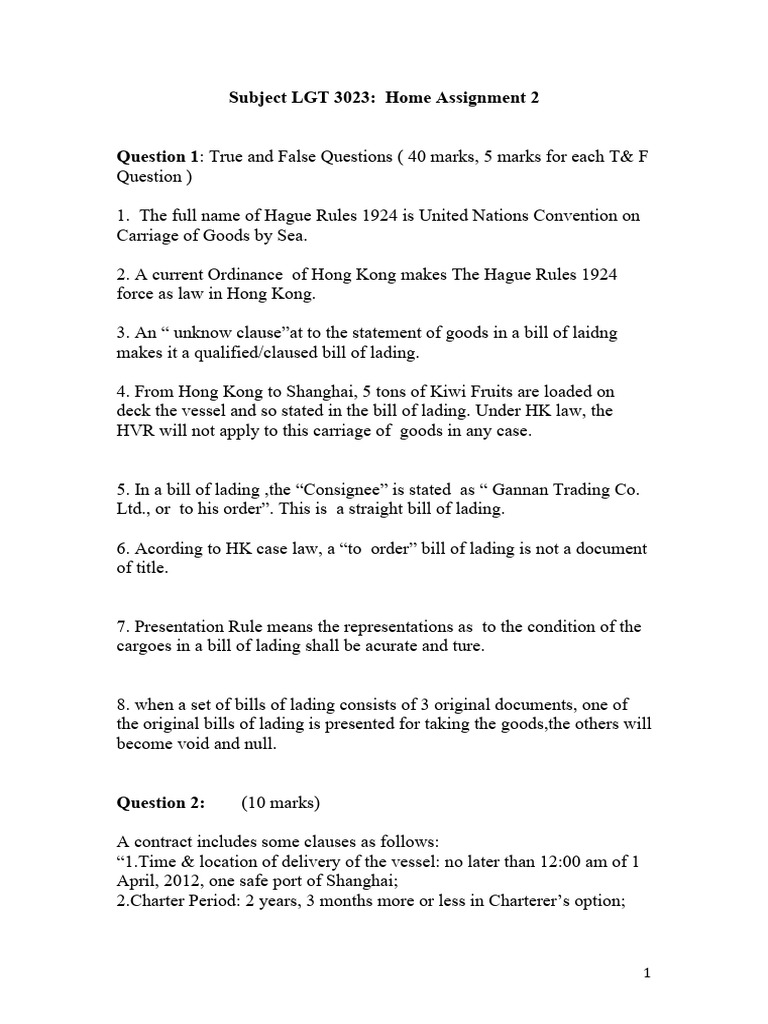 Shipping Law Exam Questions | PDF | Bill Of Lading | Freight Transport