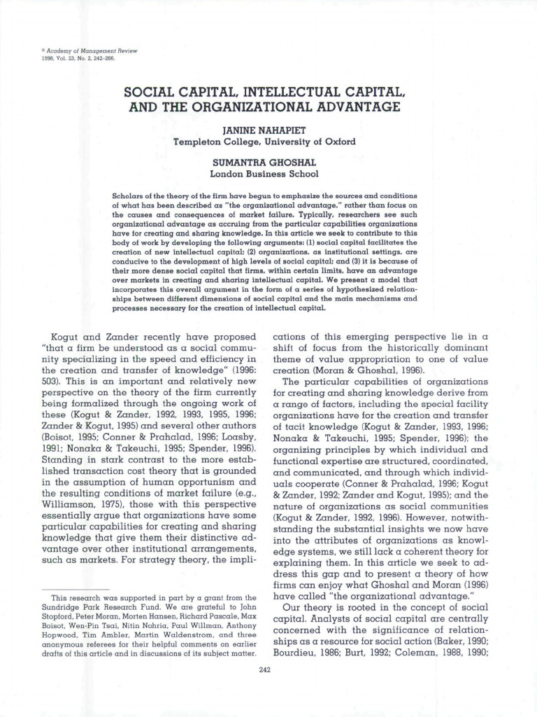 Nahapiet 1998 | PDF | Social Capital | Tacit Knowledge