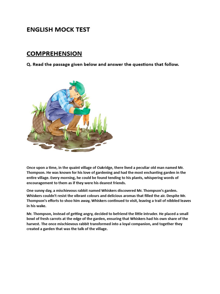 English Comprehension Mock Test | PDF | Adverb | Grammar