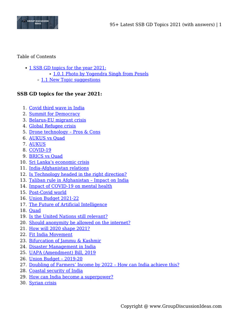95+ Latest SSB GD Topics 2021 (With Answers) | PDF | Government ...