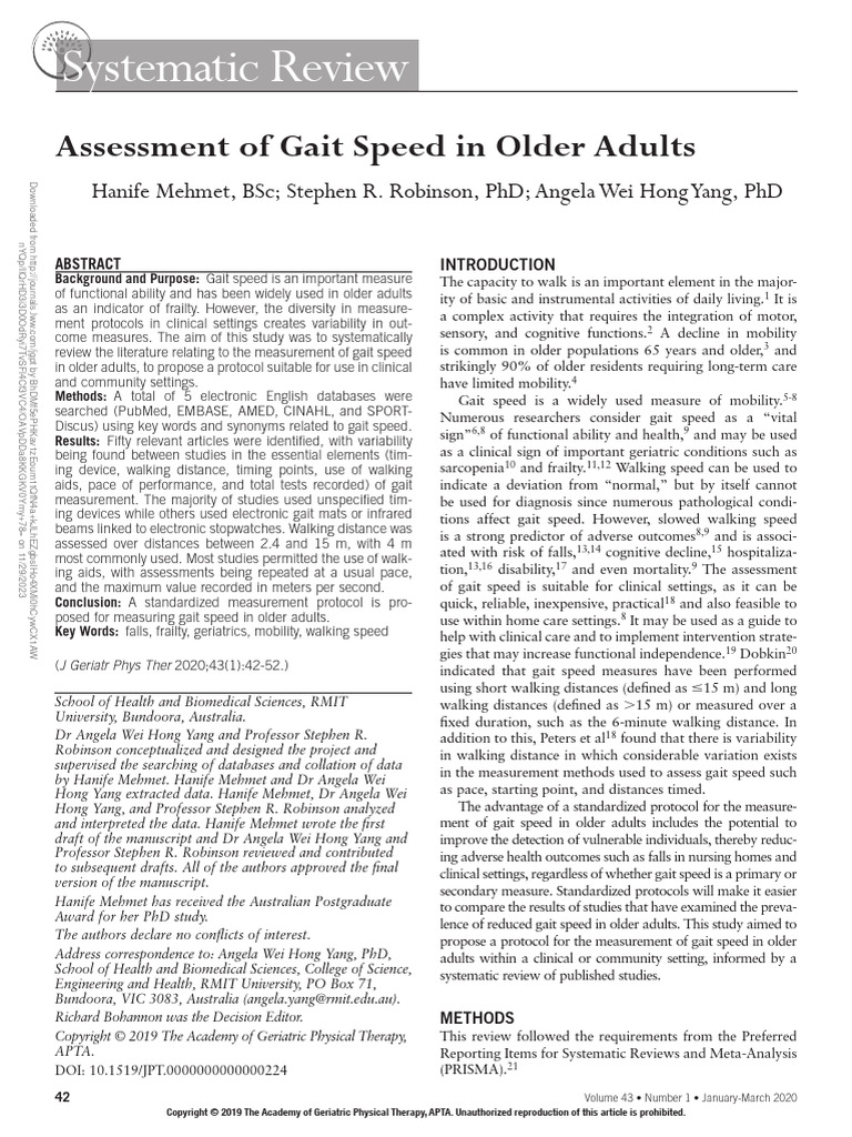 Assessment of Gait Speed in Older Adults | PDF | Geriatrics ...