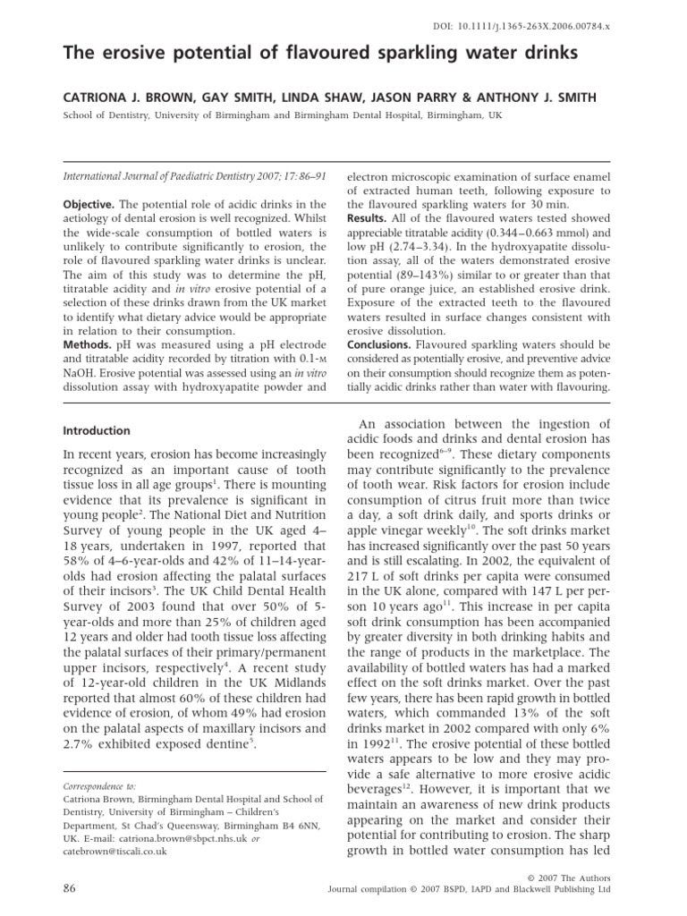 The Erosive Potential of Flavoured Sparkling Water Drinks | PDF | Tooth Enamel | Soft Drink