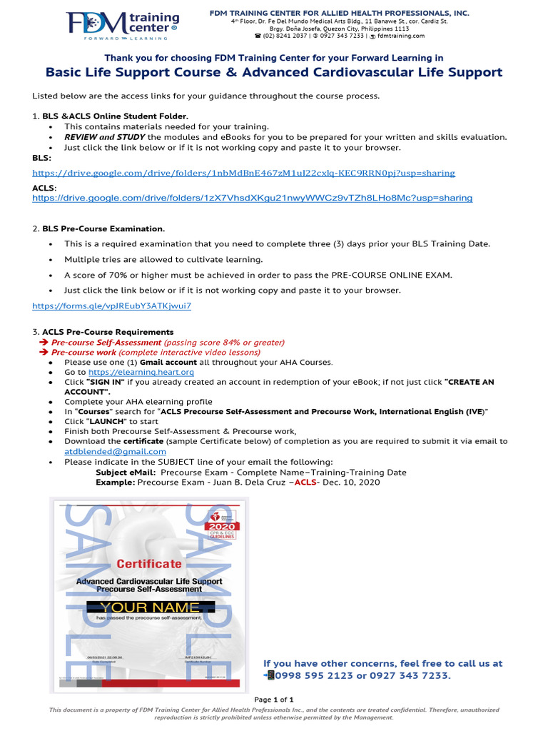 BLS and ACLS Pre Course Instructions | PDF