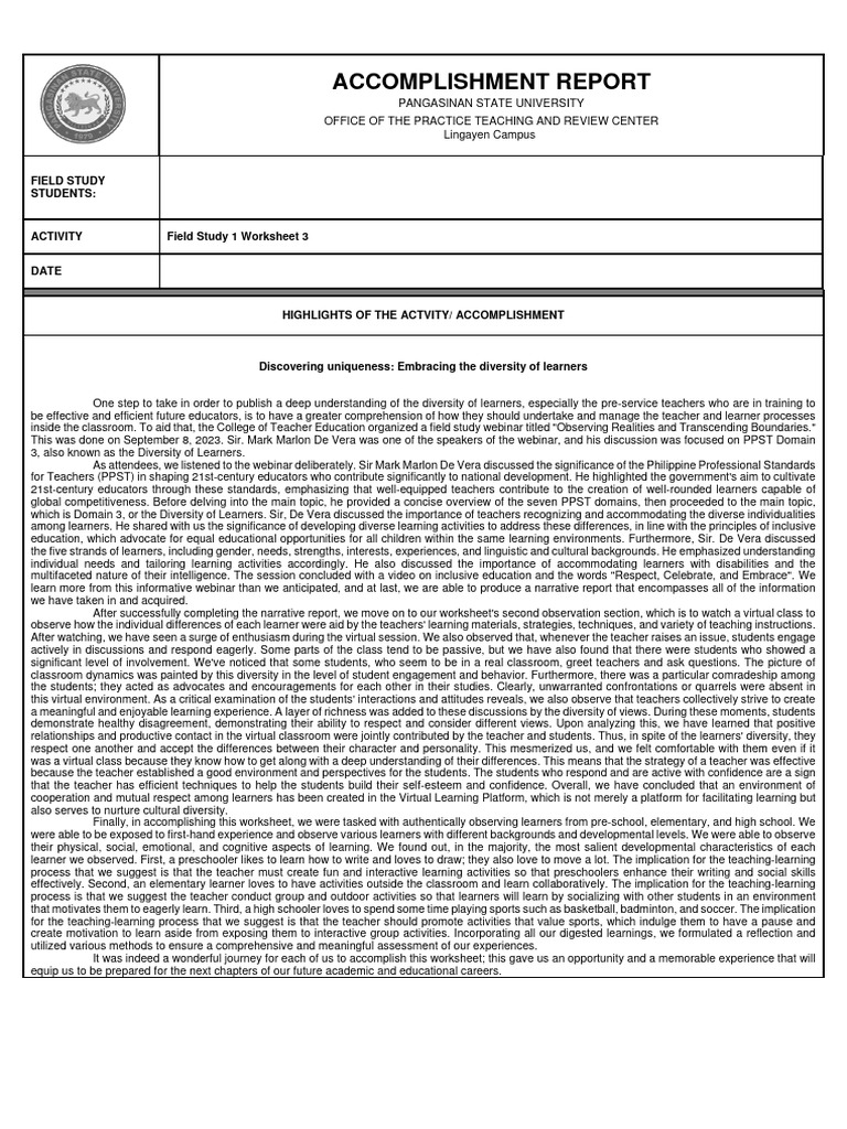 Accomplishment Report W3 | PDF | Learning | Teachers