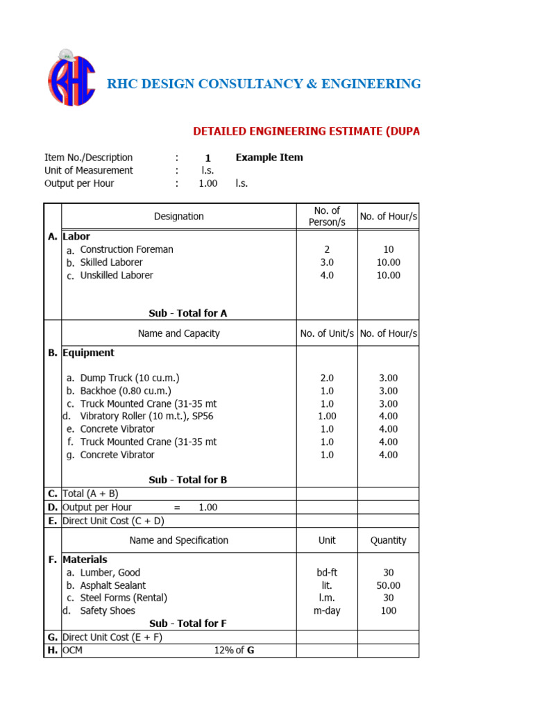Detailed Unit Price Analysis (DUPA) | PDF | Manufactured Goods | Equipment