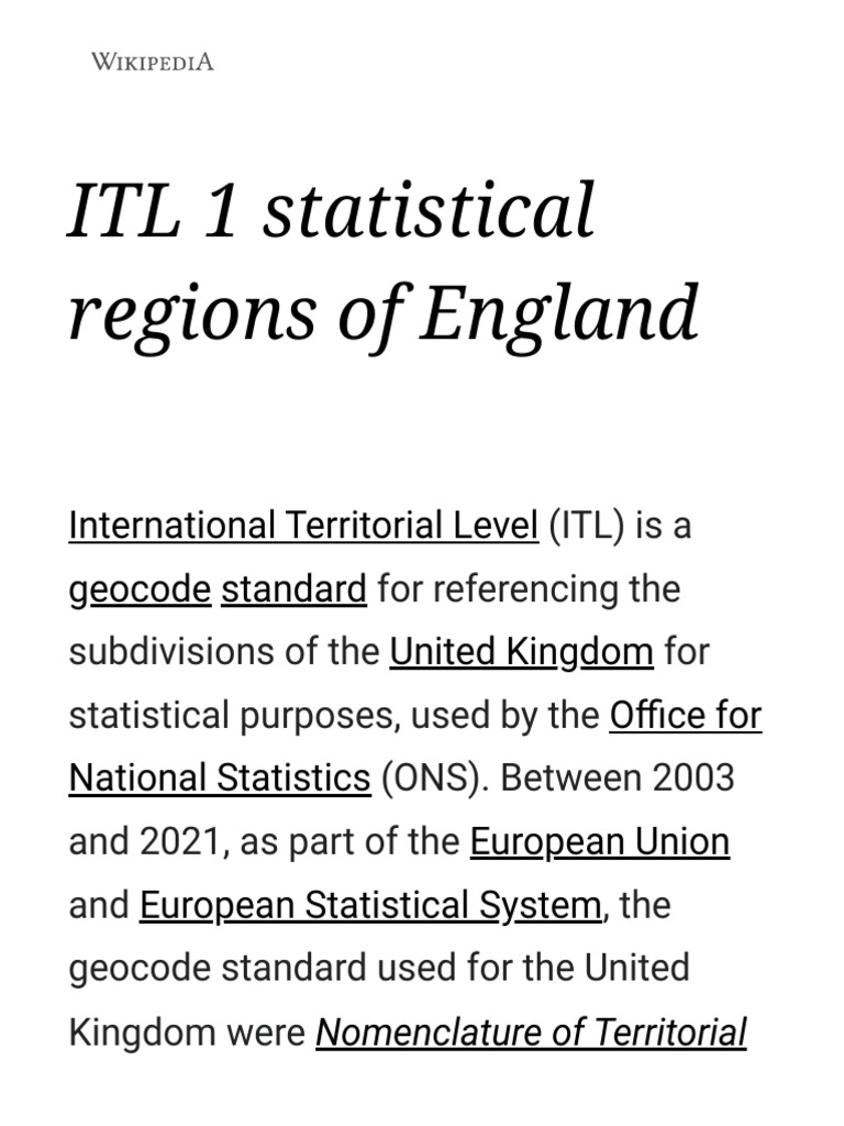 ITL 1 Statistical Regions of England - Wikipedia | PDF