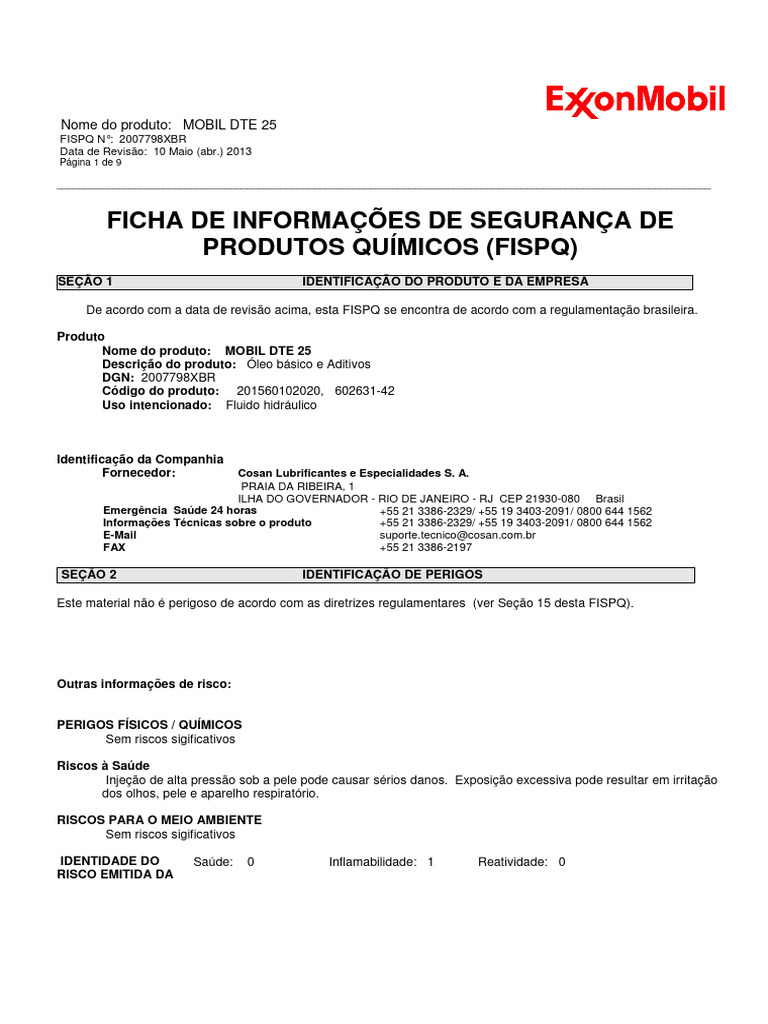 FISPQ - Oleo Mobil DTE 25 VG 46 | PDF | Combustão | Eletricidade