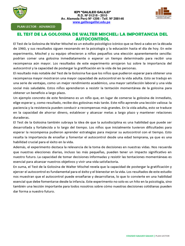 Importancia del Autocontrol Infantil | PDF | Ciencias del ...